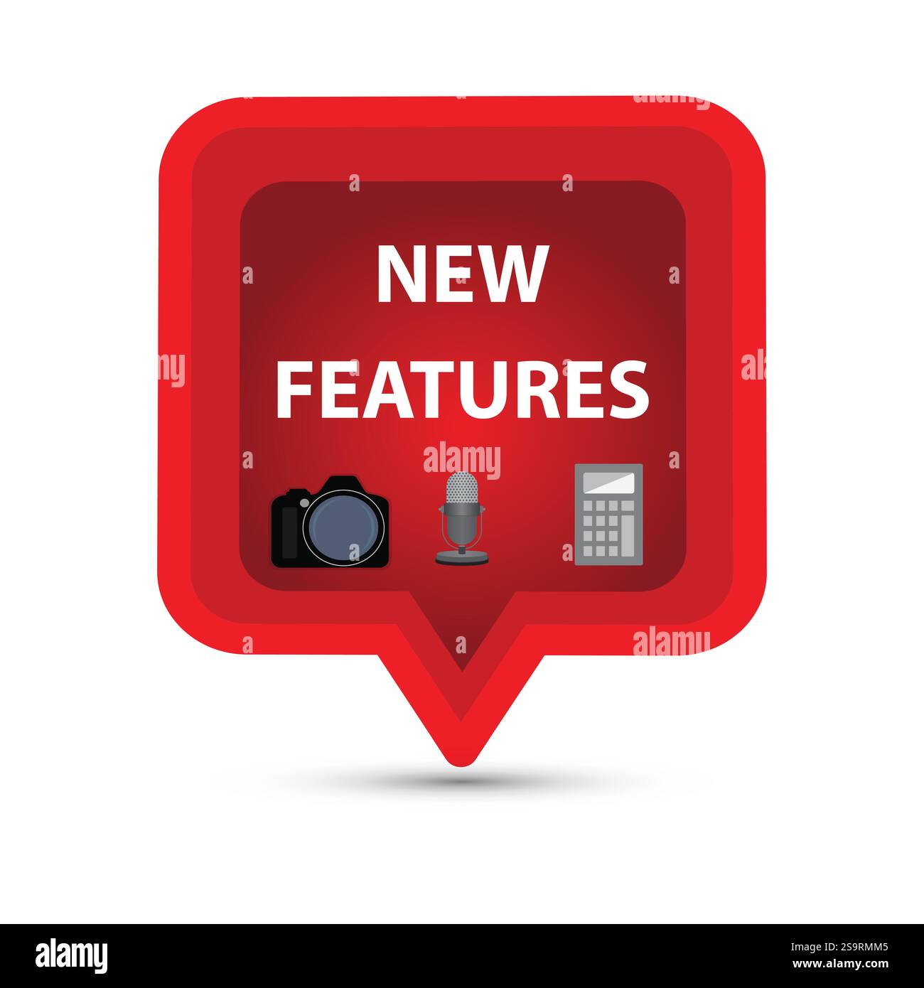 Red speech bubble with a camera, a microphone, a calculator and the ...