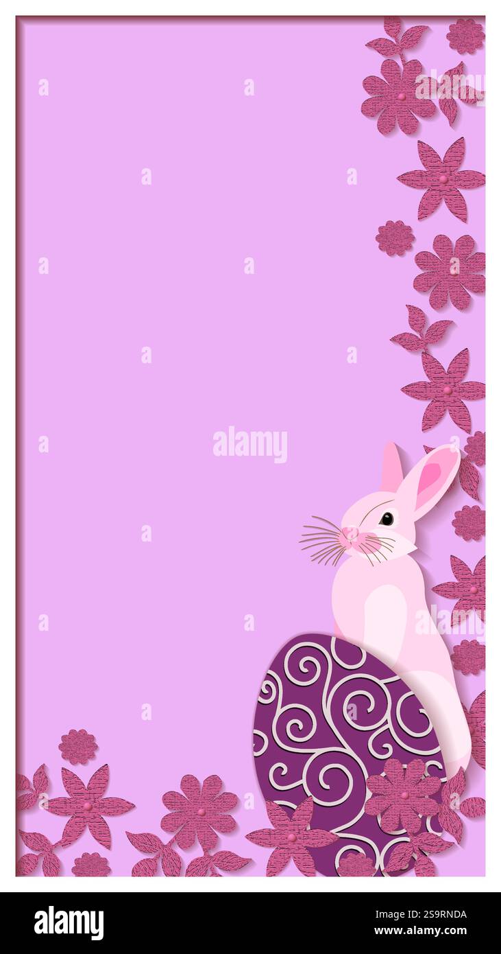 Happy Easter. Vertical template design with pink Easter bunny and eggs ...