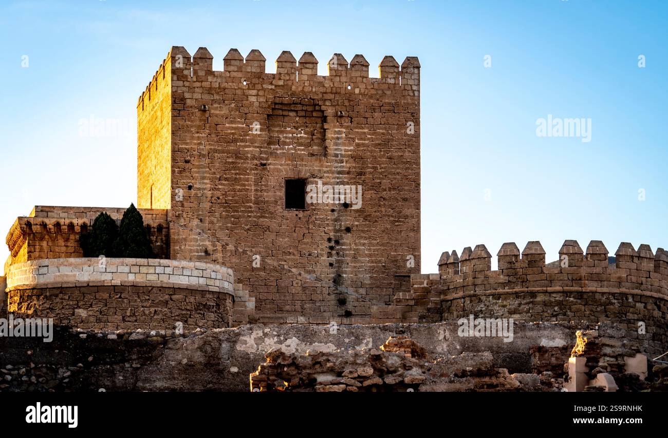 A historic stone castle with a tall tower and crenellated walls, set ...