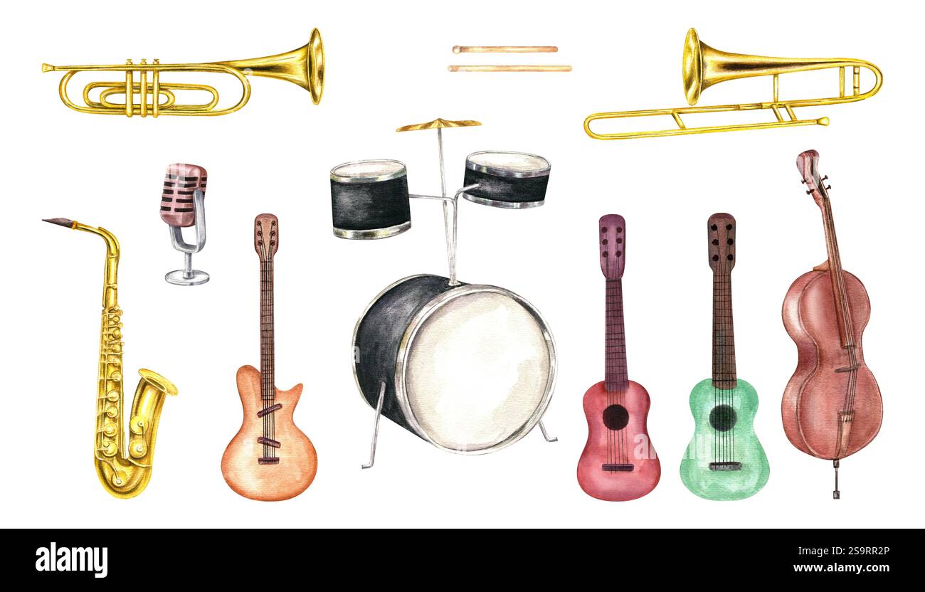 Musical percussion, string and wind instruments and retro microphone on ...