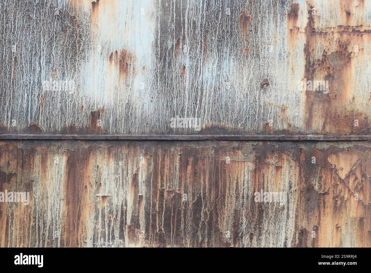 Old rusty metal surface with peeling paint and dirty streaks from rain ...