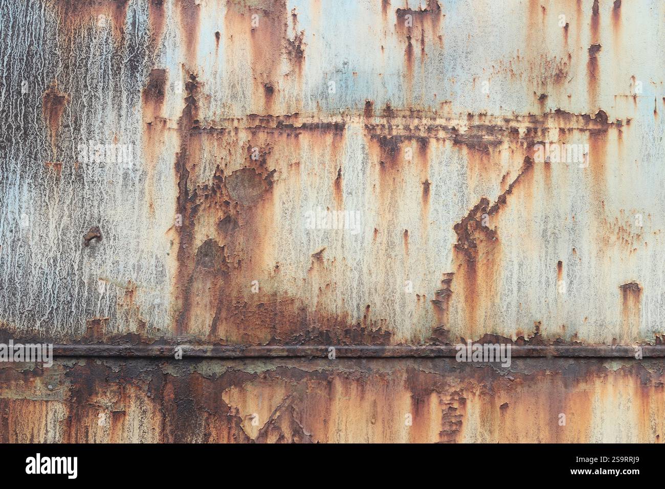 Old rusty metal surface with peeling paint and dirty streaks from rain ...