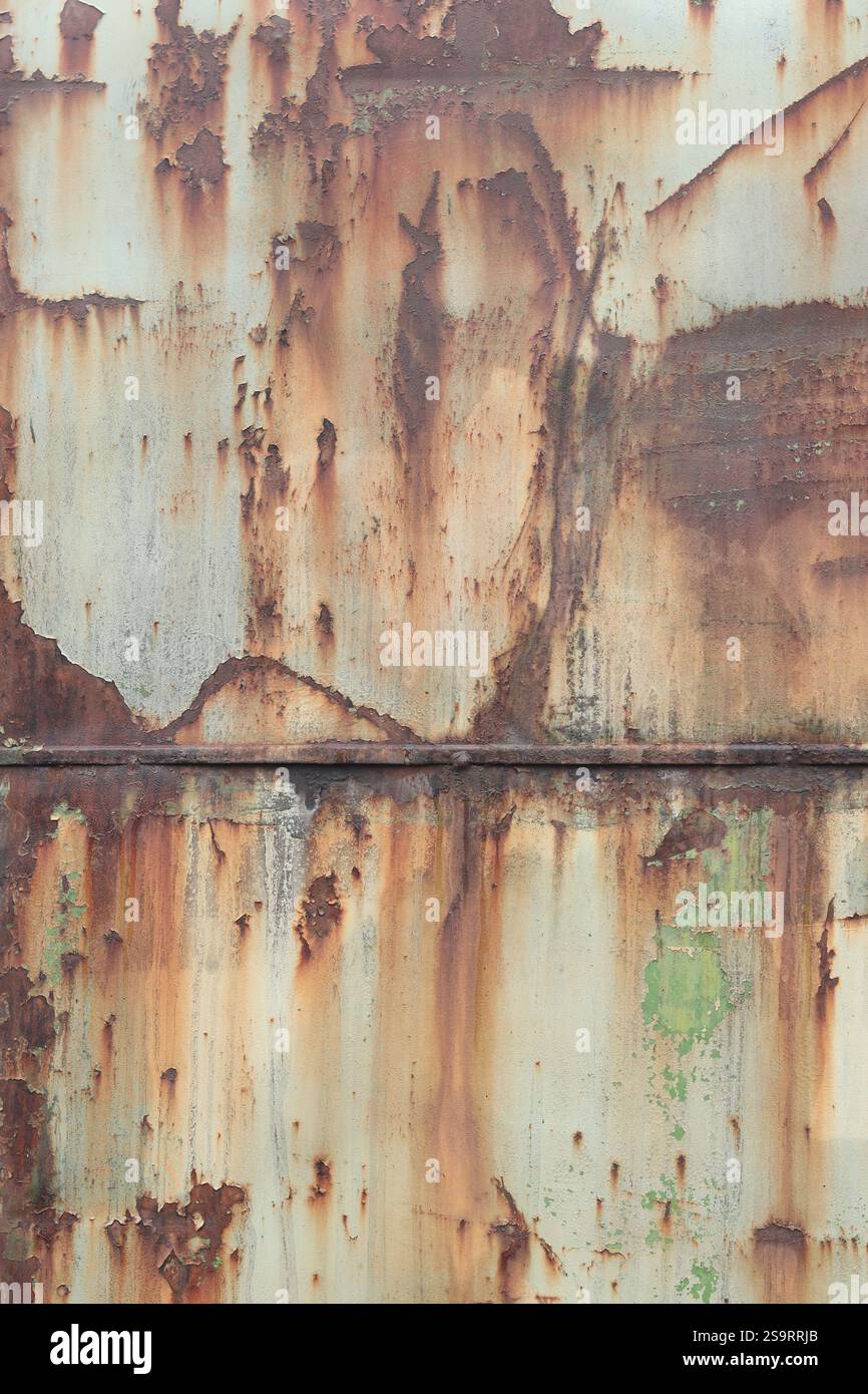 Old rusty metal surface with peeling paint and dirty streaks from rain ...