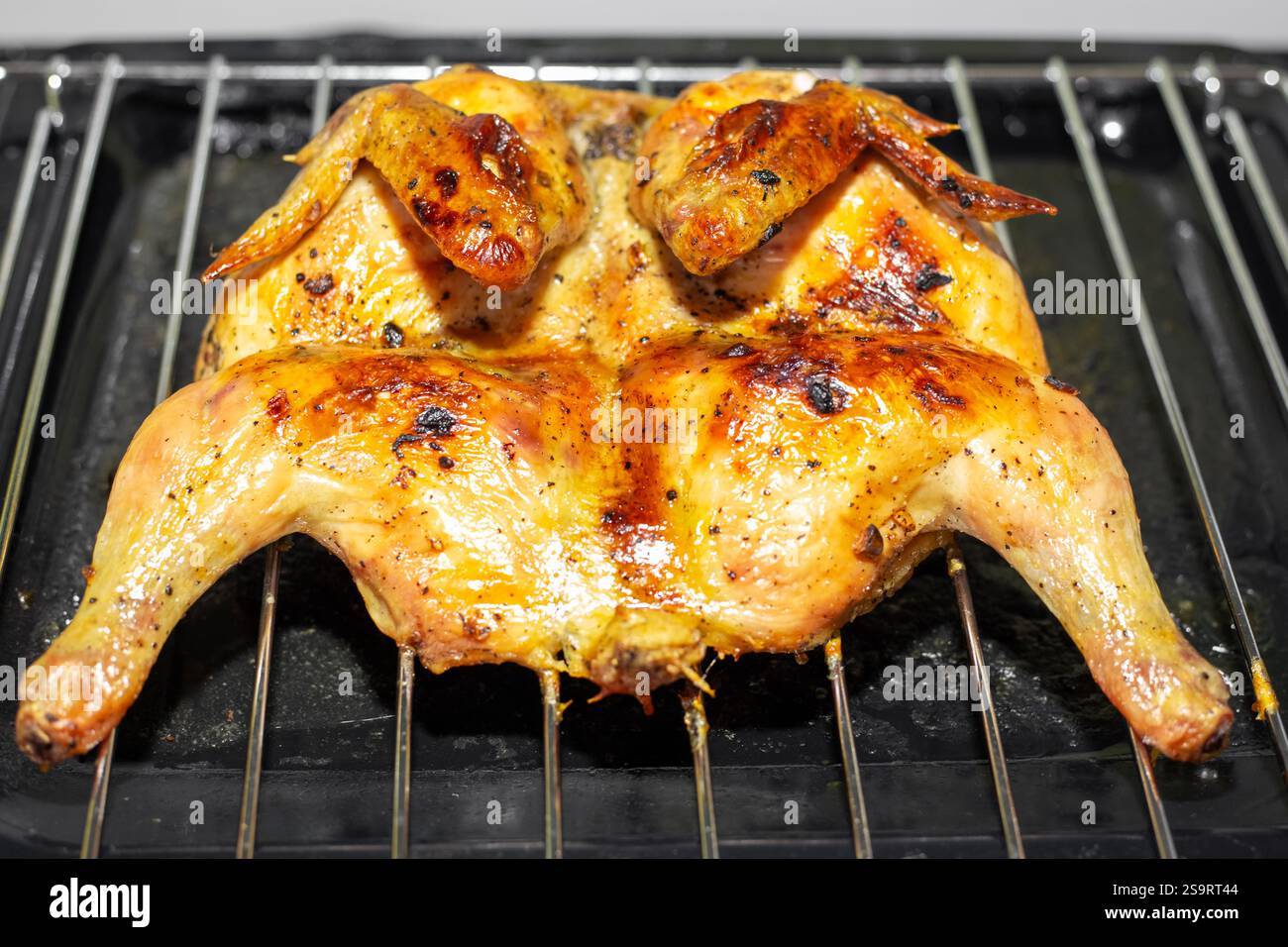Chicken with a fried golden crust, flattened on an iron grate, baked in ...