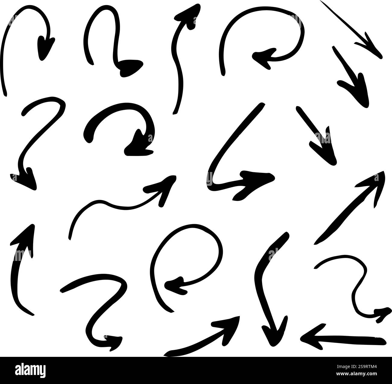 Abstract Hand-Drawn Black Arrows in Various Curved and Swirled ...