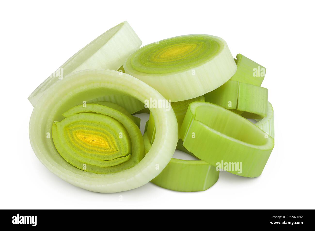 sliced Leek vegetable isolated on white background with full depth of ...