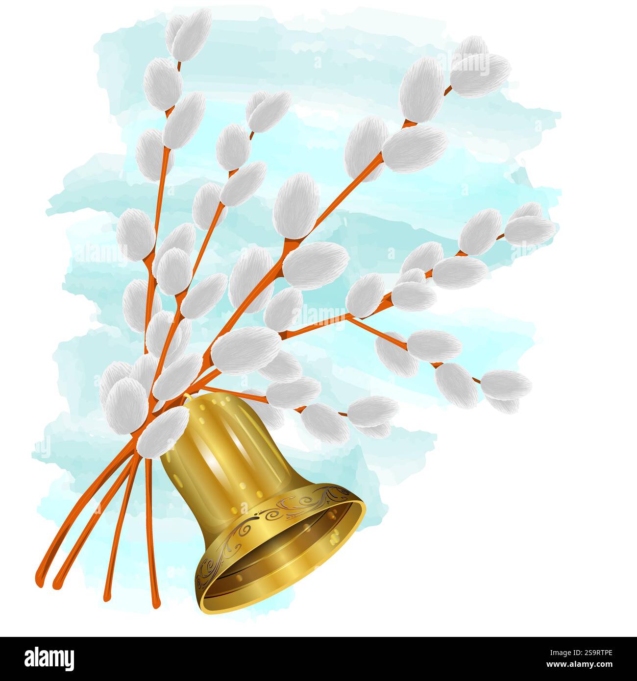 Happy Easter. Easter composition with branches of blooming willow and golden bell. Isolated ...