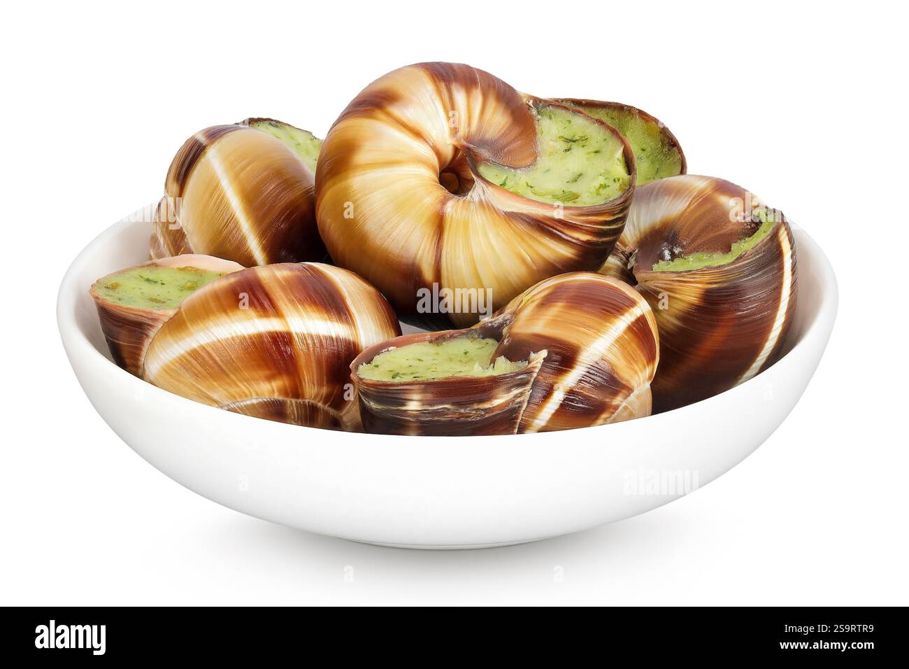 escargot snail filled with garlic and parsley butter in ceramic bowl ...