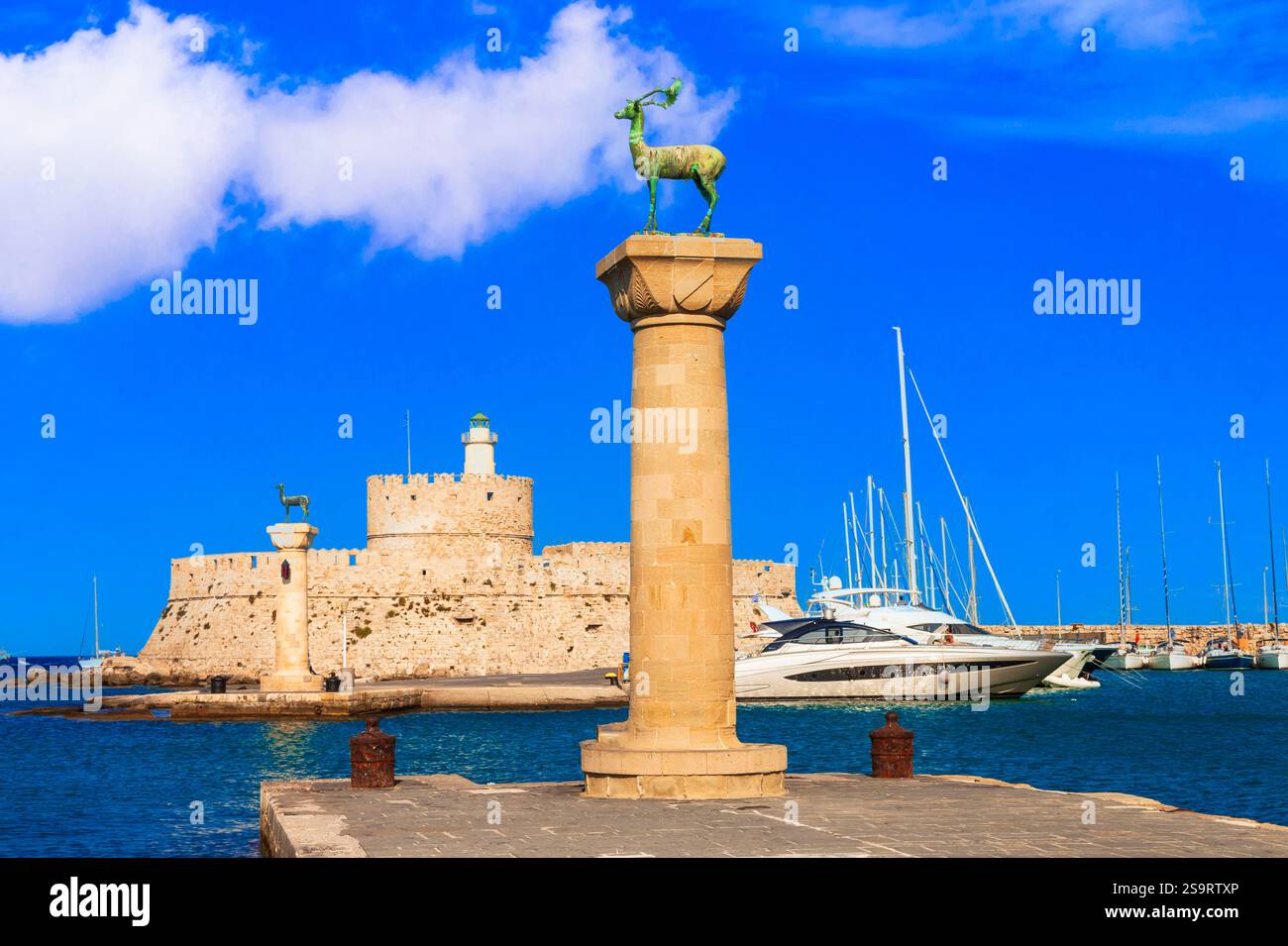 Rhodes island, Greece, Dodecanese. Famous Mandraki bay and marina. view ...