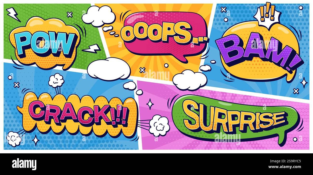Pack with speech bubbles Pow Bam Surprise Crack Ooops text and halftone ...