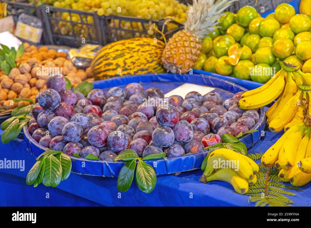 Blue Plums Fruits at Farmers Market Stall in Turkey Stock Photo - Alamy