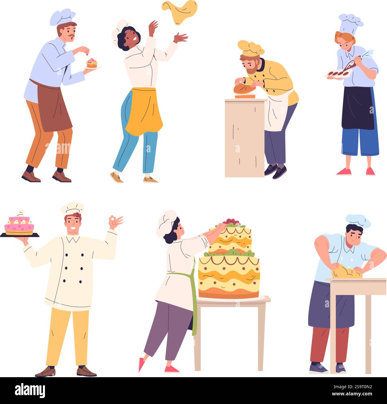 Confectioners. Pastry cooks making birthday cake baking sweets desserts ...