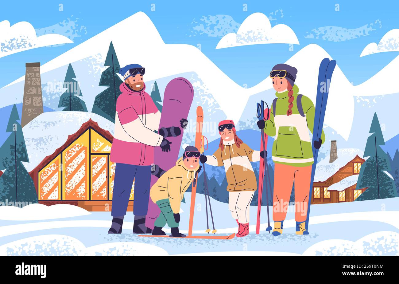 Family skiers. Children with parents on ski resort, winter vacation ...