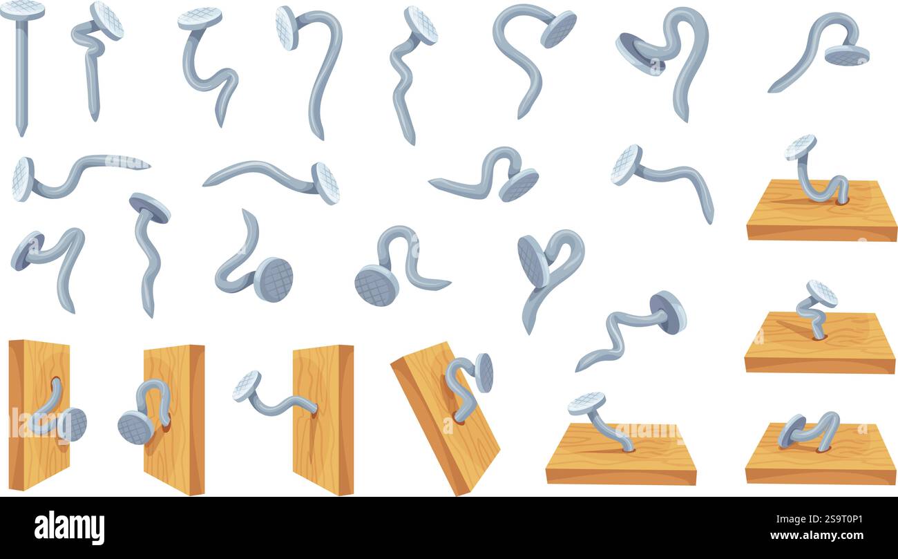 Bent nails. Hammered benting nail, broken used hobnails wall fasteners ...