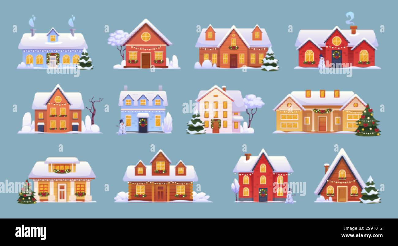 Cartoon winter cottages. Snowy cabins, christmas village rural cosy ...