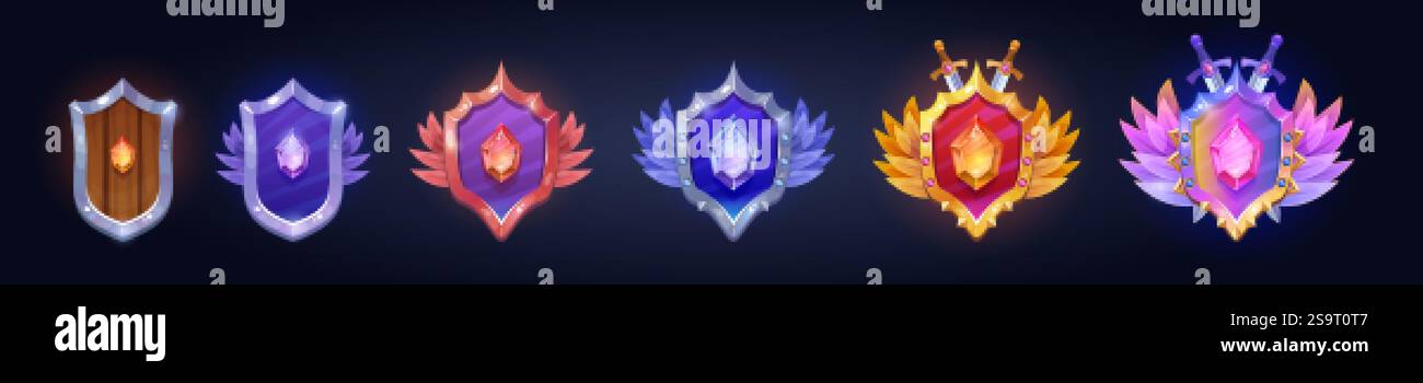 Game rank shields. Gamer level ranking badges, achievement medal trophy ...