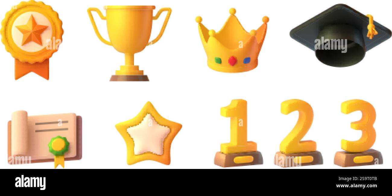 3D awards icons. Reward render, plastic golden trophy cup star ...