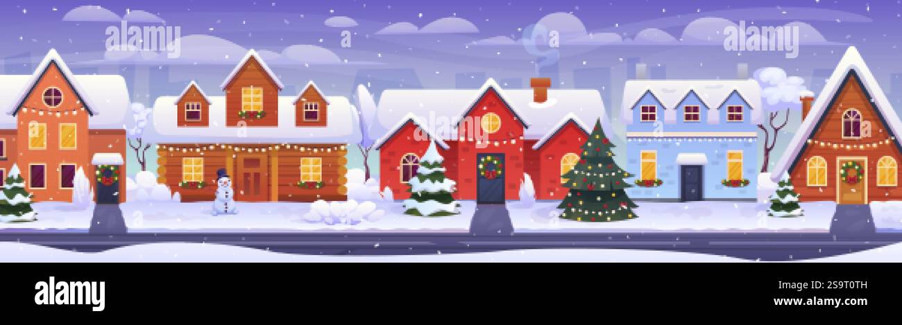 Winter neighborhood. Cartoon christmas village, snowy suburban houses ...