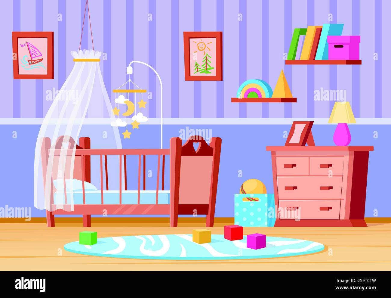 Baby cot room. Nursery bedroom interior with dresser and crib bed for ...