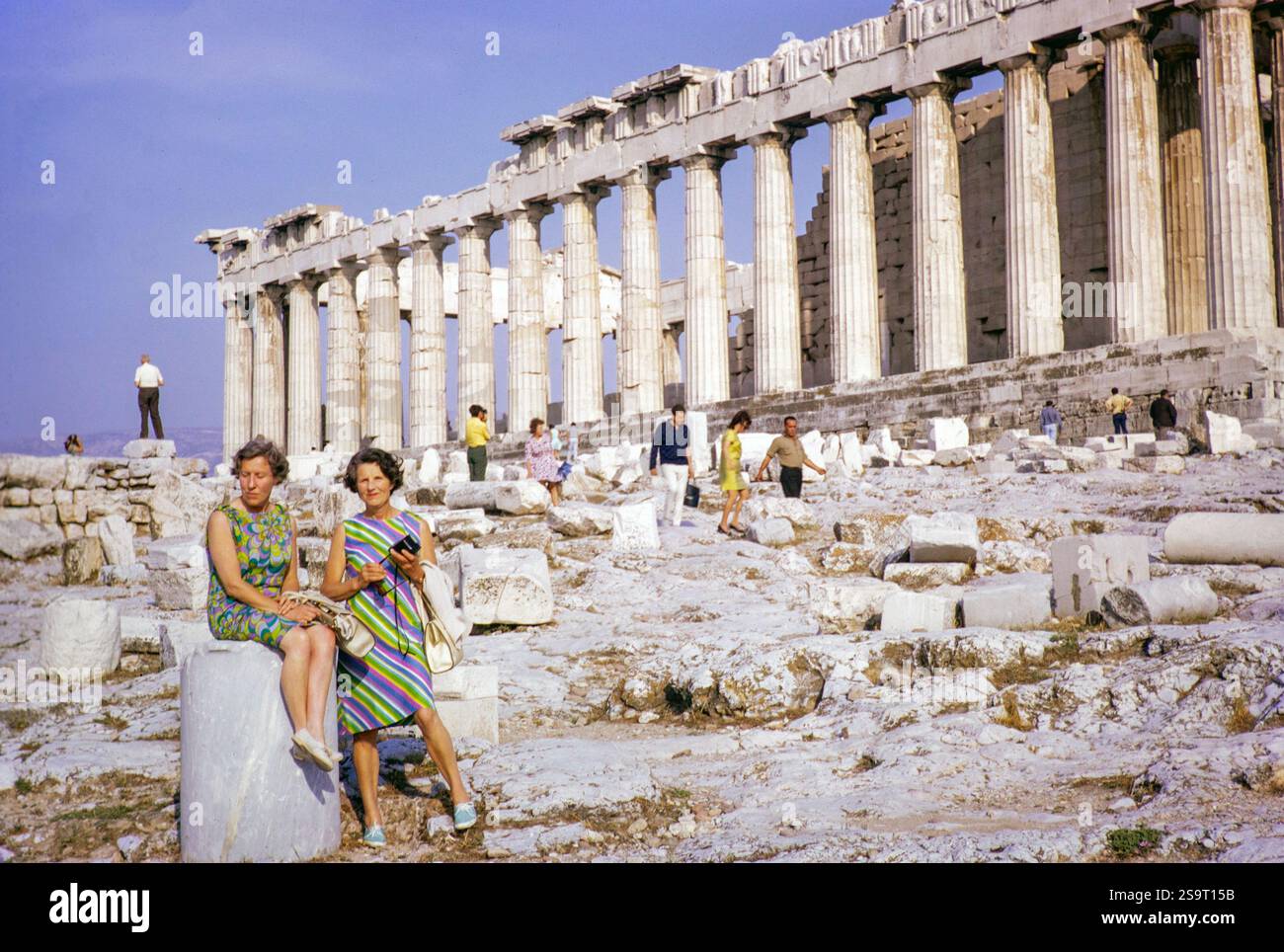 Tourists visiting the Parthenon temple on ruins Athenian Acropolis, Athens, Greece, Europe, 1968 ...