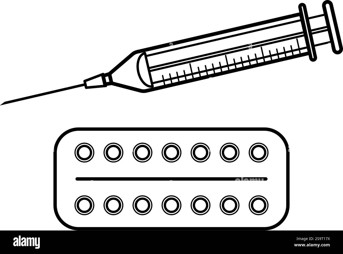 Syringe and pills outline icon symbol representing medicine, healthcare ...