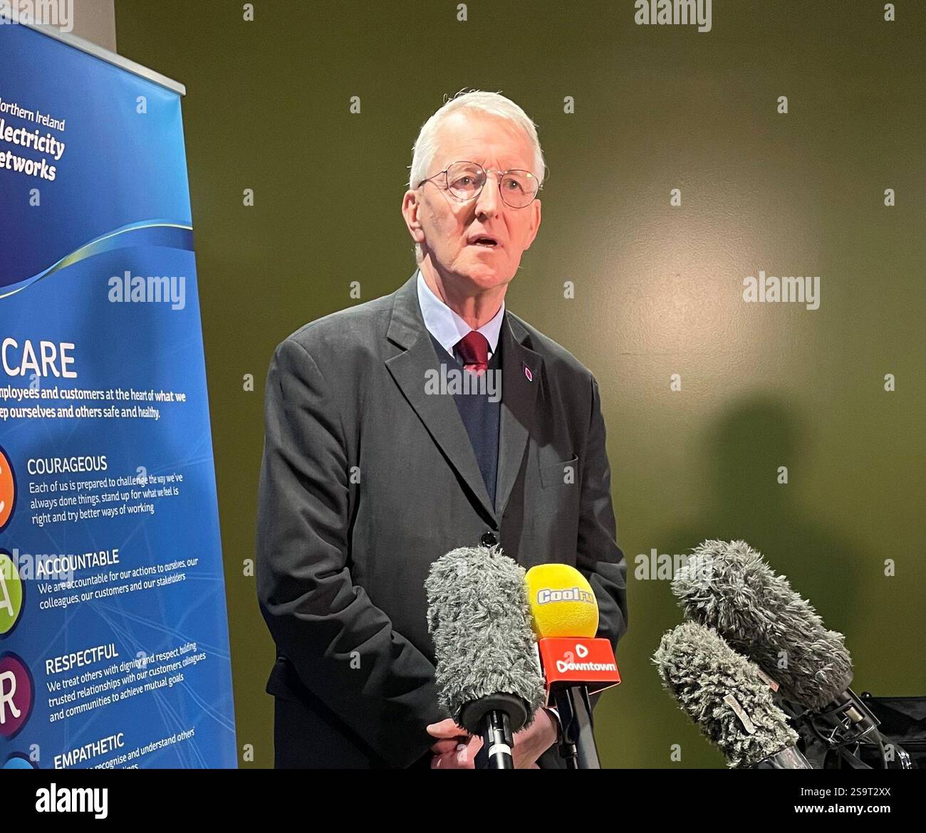 NI Secretary Hilary Benn speaking to the media during his visit to NIE ...