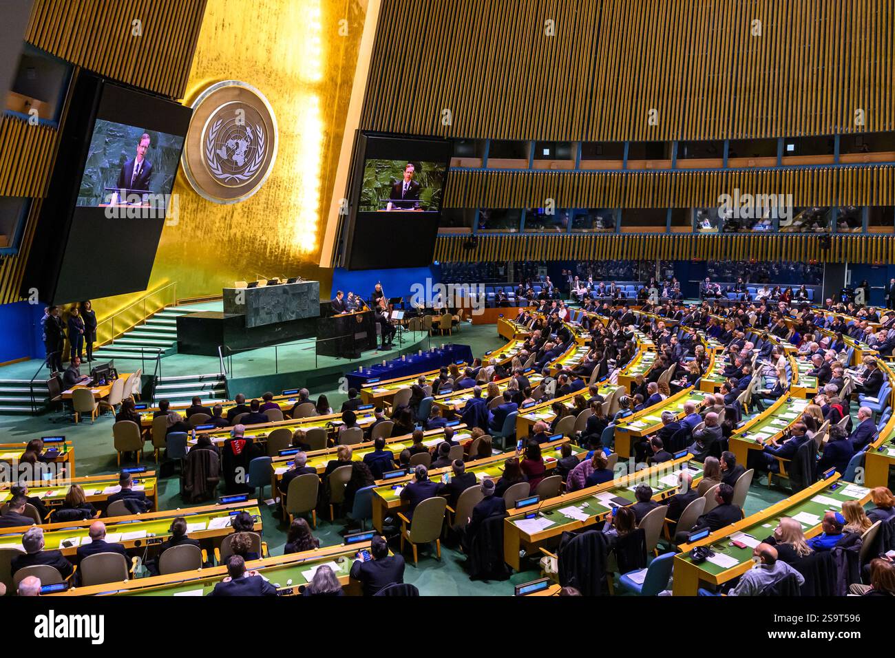 New York, USA. 27th Jan, 2025. Israel president Isaac Herzog addresses ...