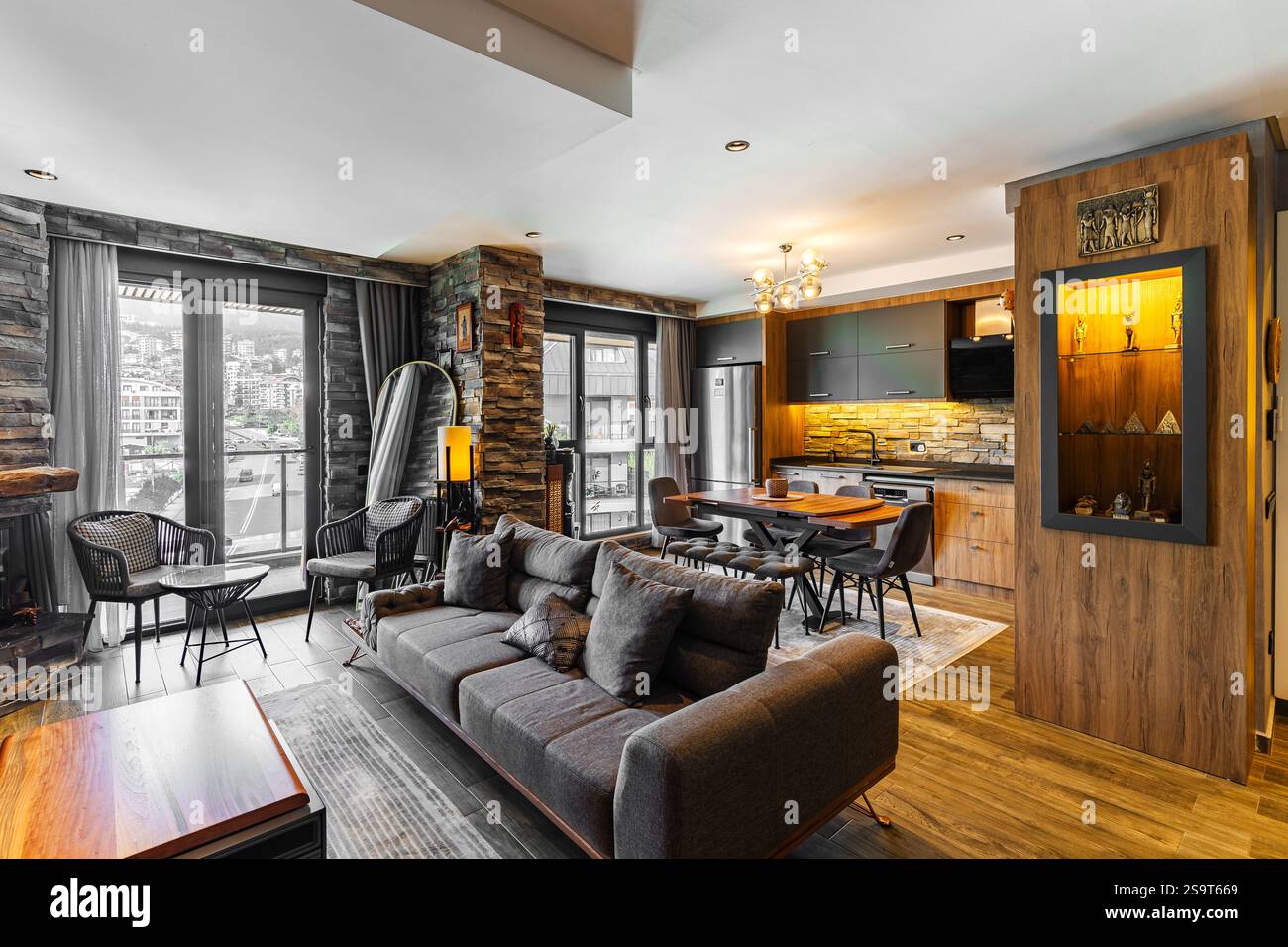 A wide angle view of a luxurious living room, showing the unique ...