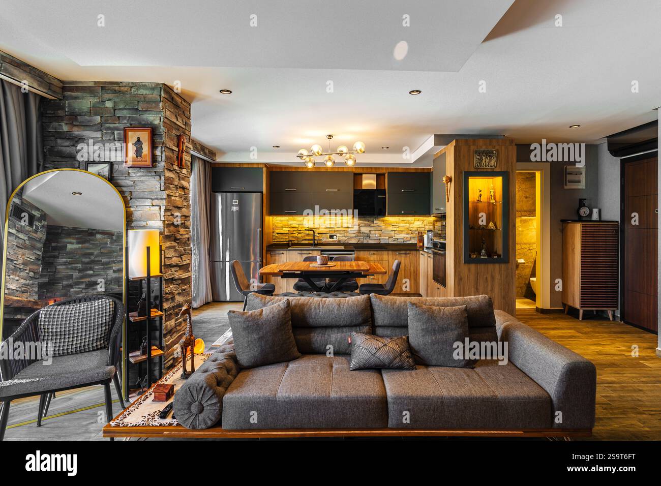 A wide angle view of a luxurious living room, showing the unique ...