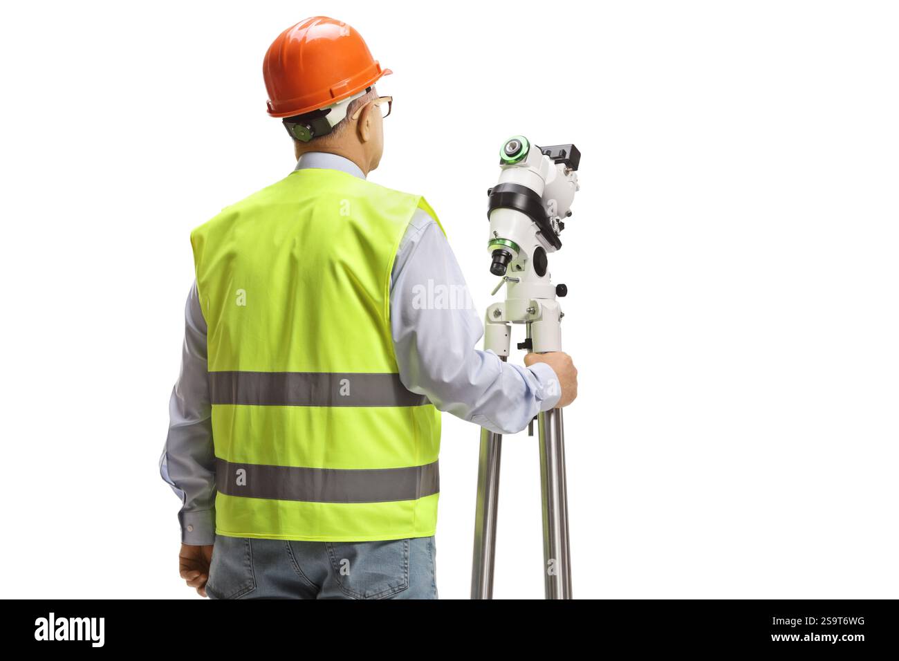 Geodetic surveyor with a measuring equipment isolated on white ...