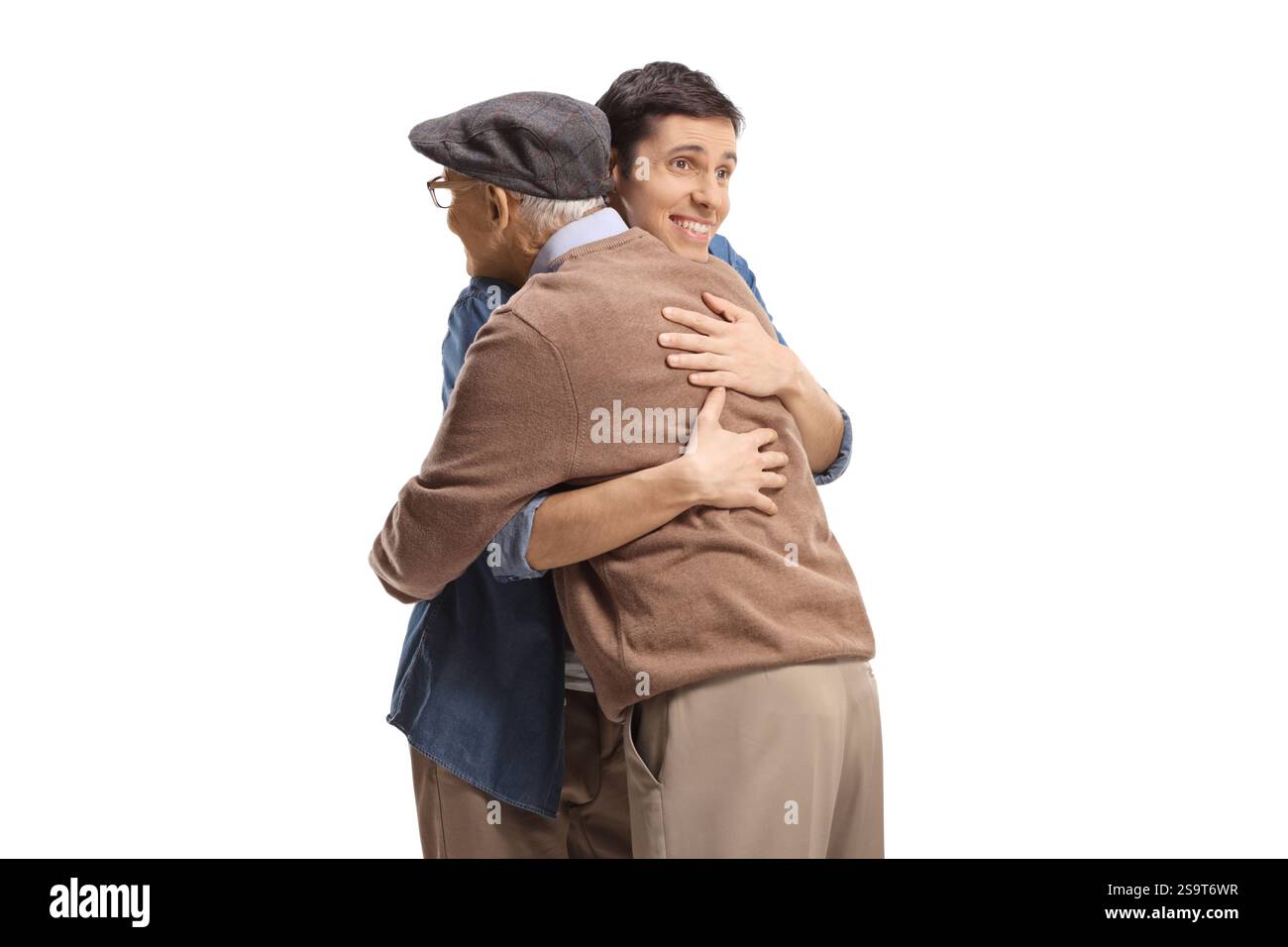 Young man hugging an elderly man isolated on white background Stock ...