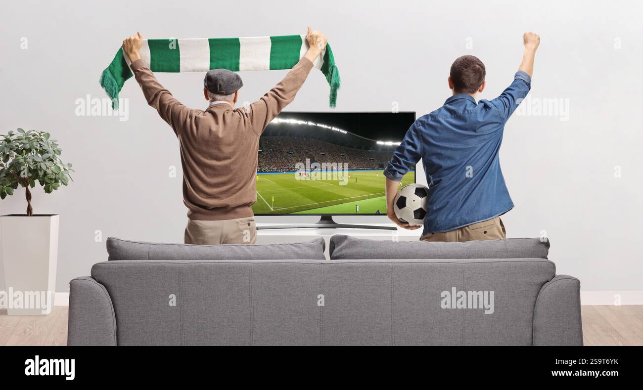 Rear view shot of an elderly man and young man cheering in front of a ...