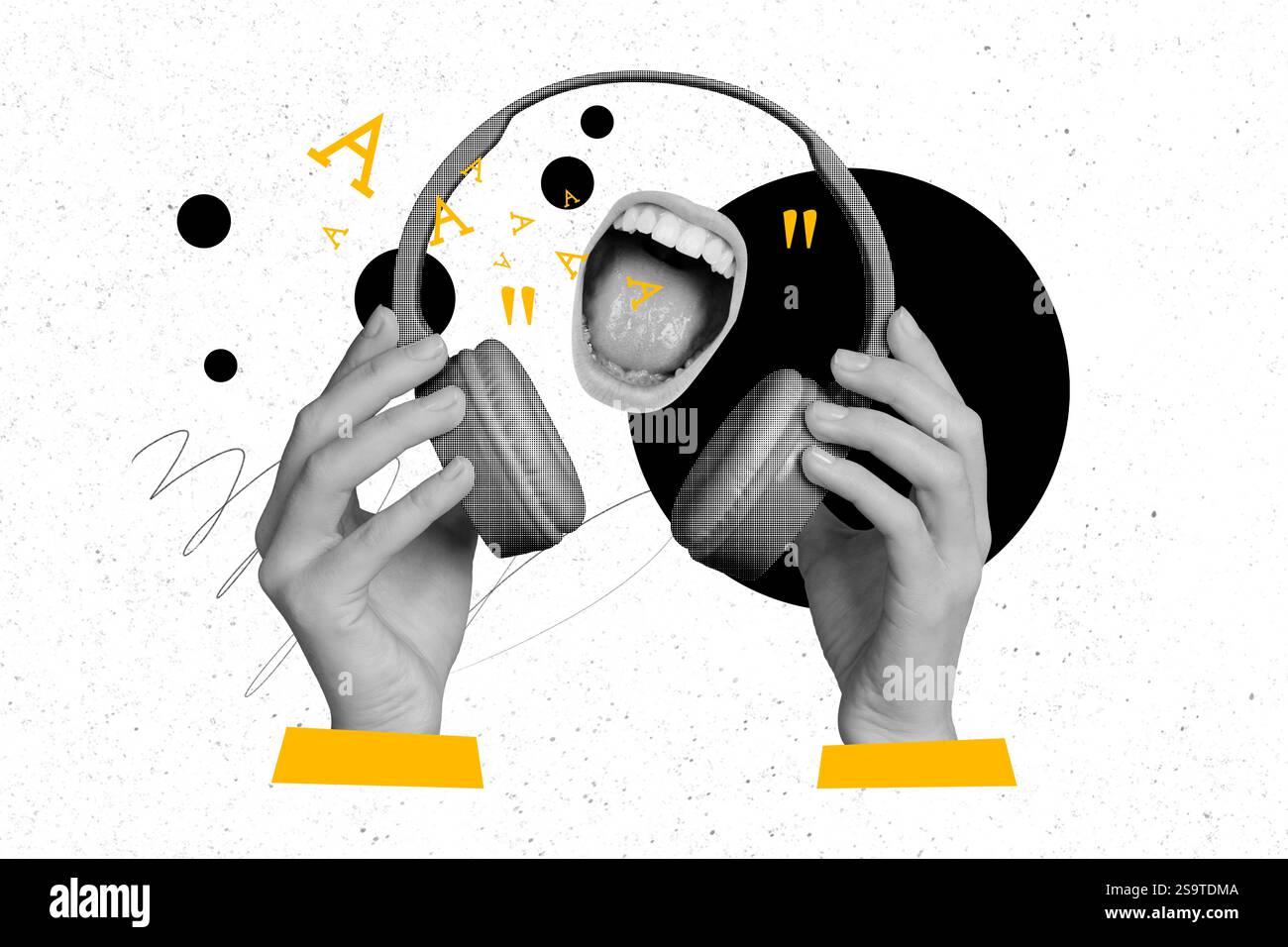 Composite art 3d creative image collage of hands hold headphones melody ...