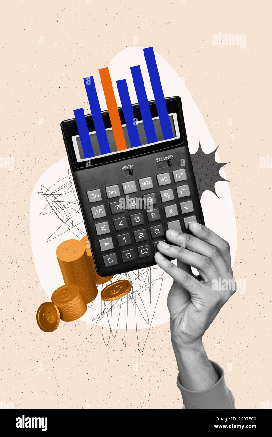 Poster image vertical photo collage of hand hold calculator tool dollar ...