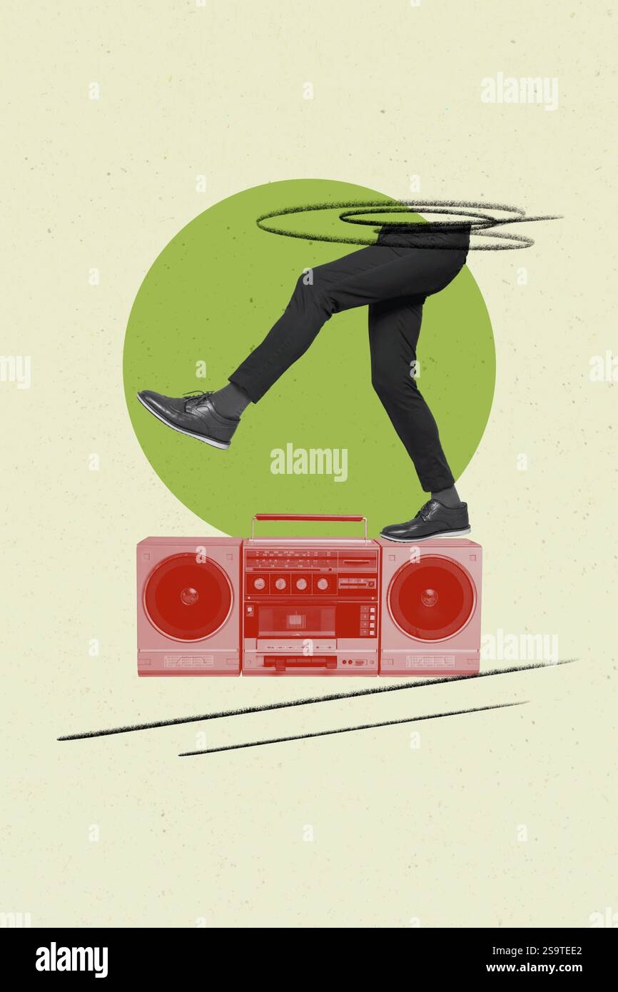 Trendy vertical art surreal collage of anonym man legs dance boombox ...