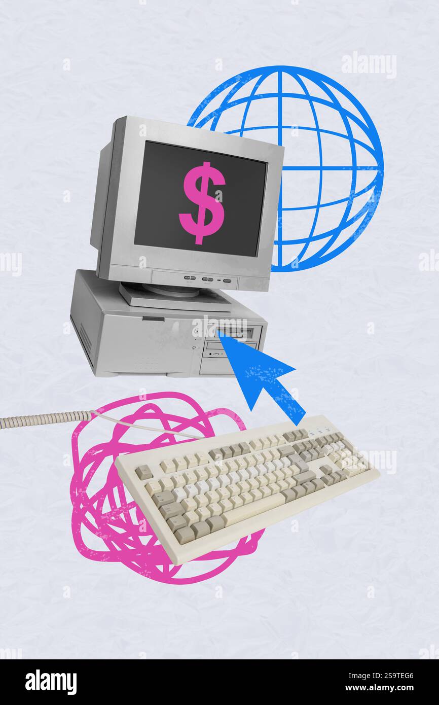 Vertical art creative trend collage of old-fashioned pc monitor dollar ...