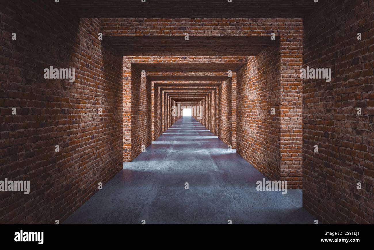 Long corridor extending into distance with brick walls and concrete ...