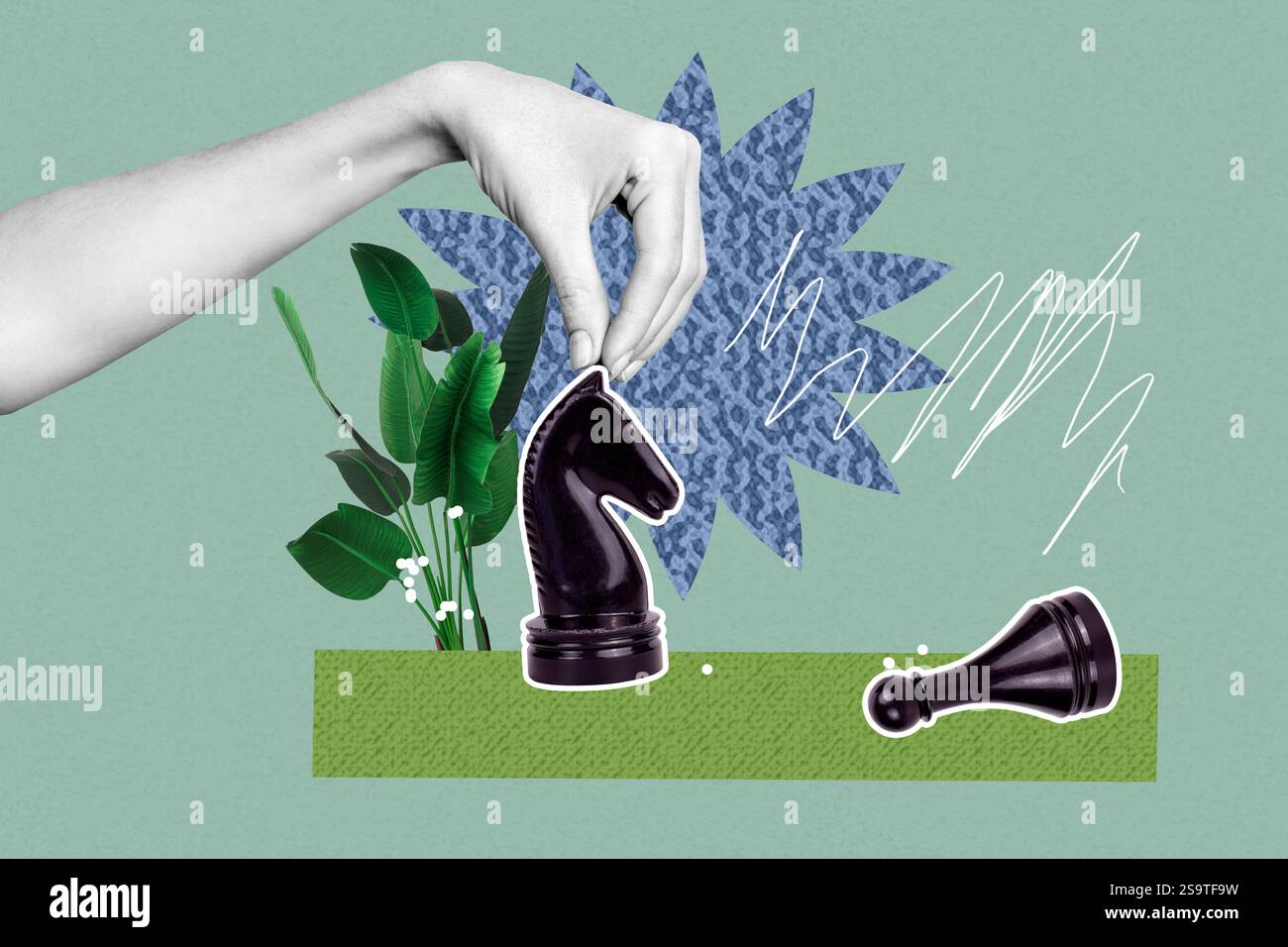 Composite art 3d creative image collage of hand hold black knight chess ...