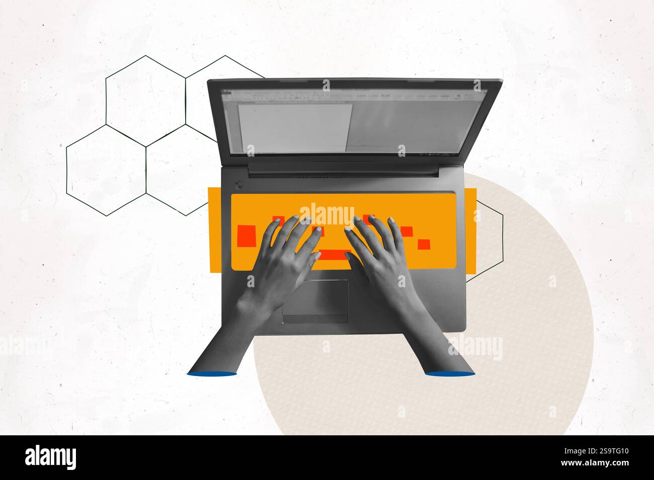 Exclusive art banner collage of hands type keypad remote laptop device ...