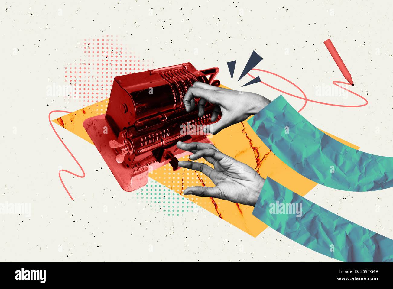 Contemporary poster trend art collage of hands type retro typewriter ...