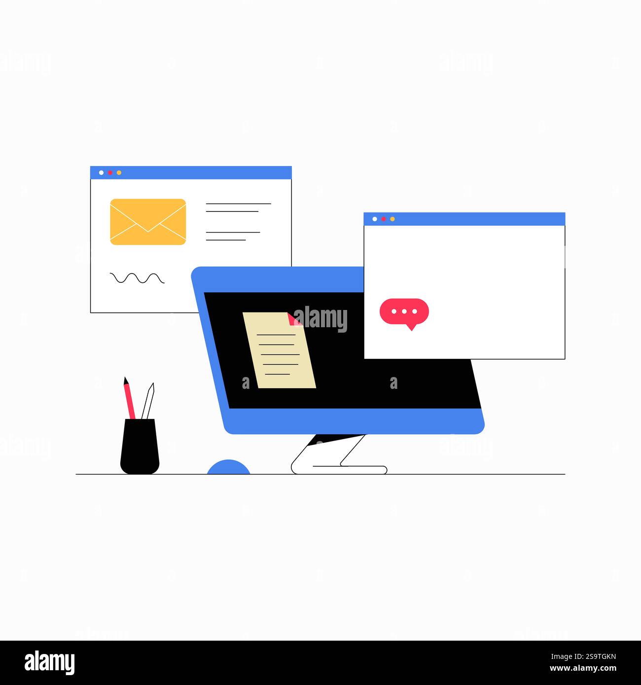 Desktop Workspace With Open Emails And Chat Messages In Flat Vector Illustration Symbolizing ...