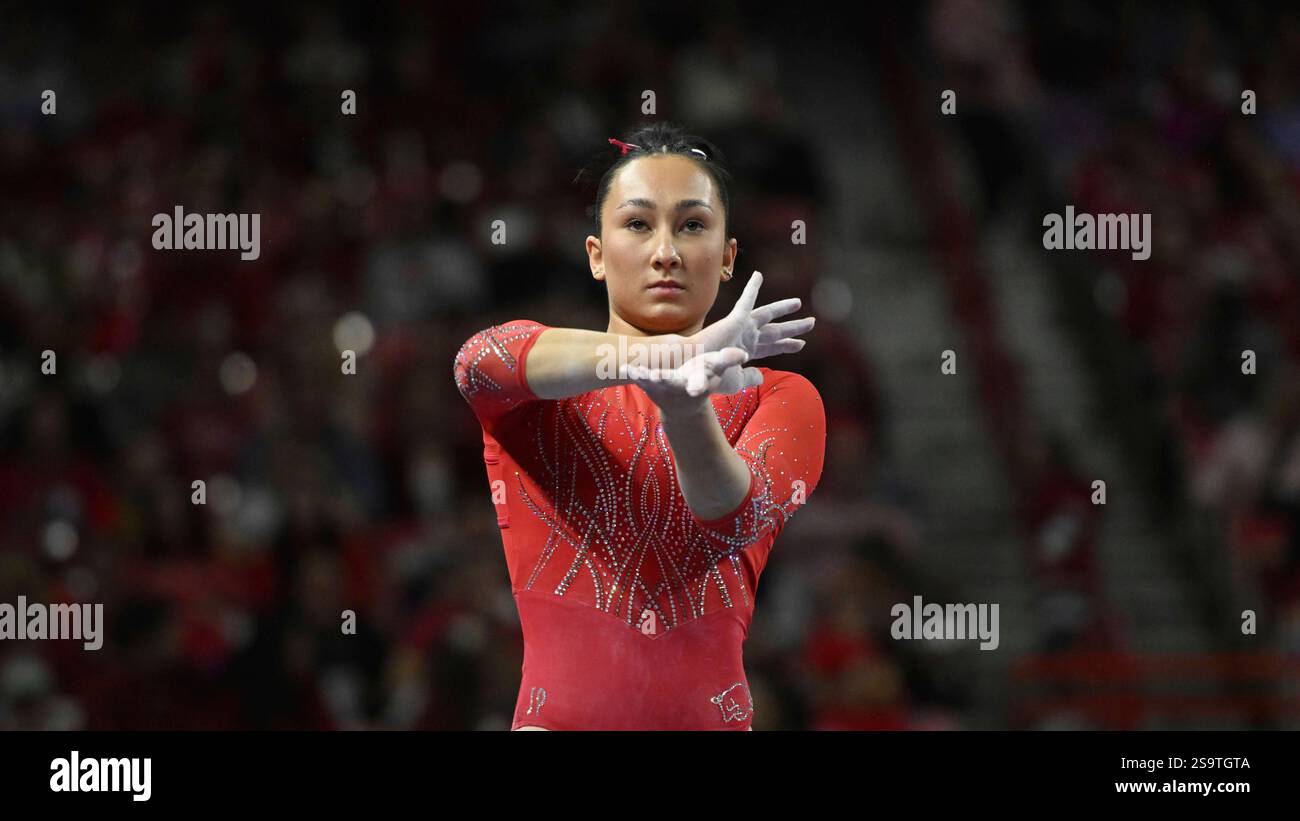 Arkansas gymnast Maddie Jones competes on the balance beam against LSU ...