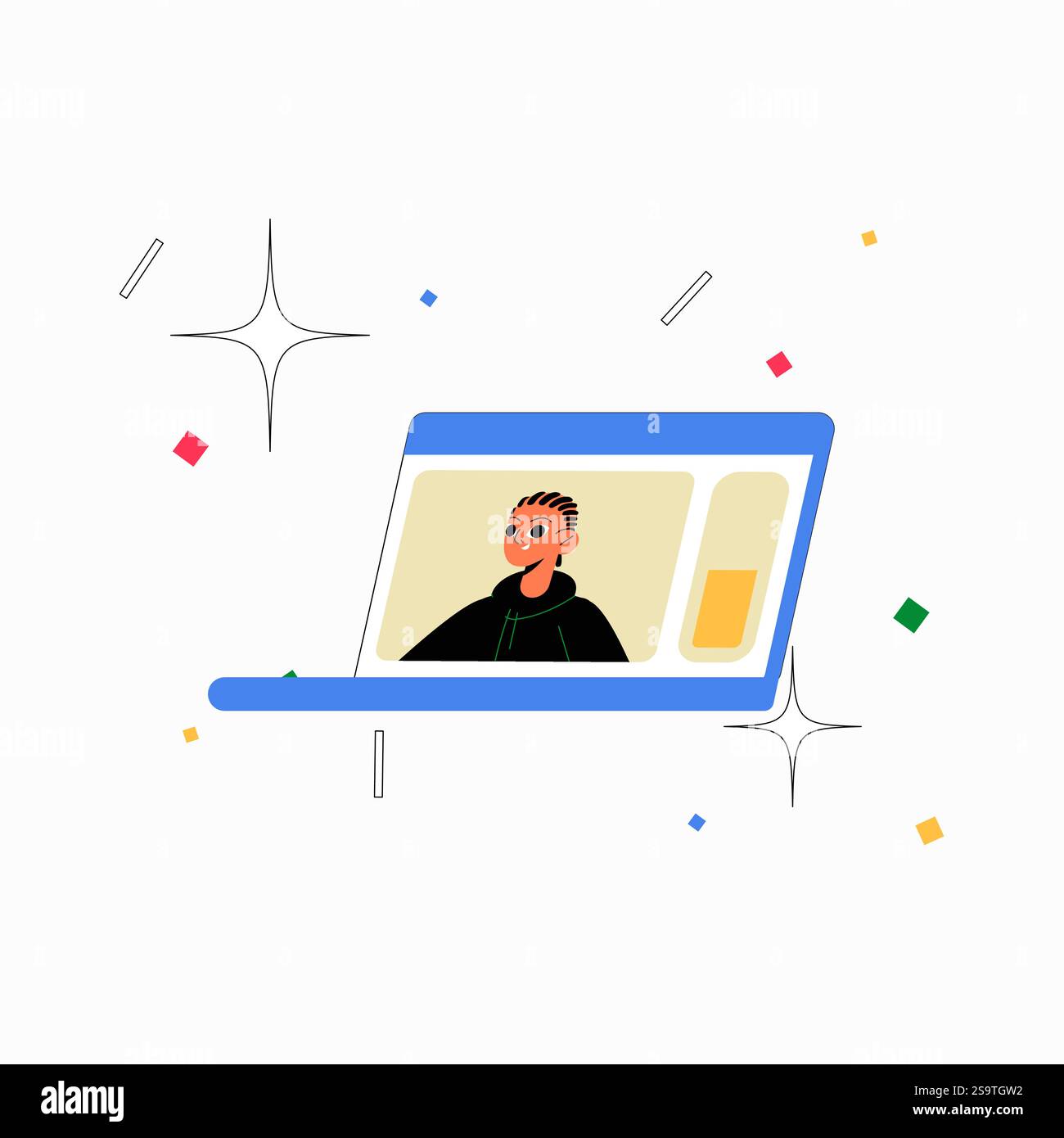 Laptop With A Male Character On Screen In Flat Vector Illustration ...