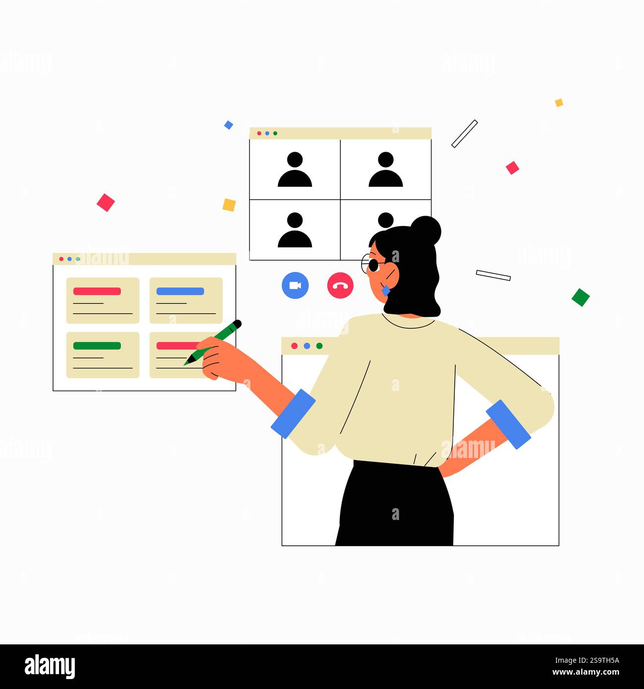 Woman Managing Virtual Workspaces In Flat Vector Illustration ...