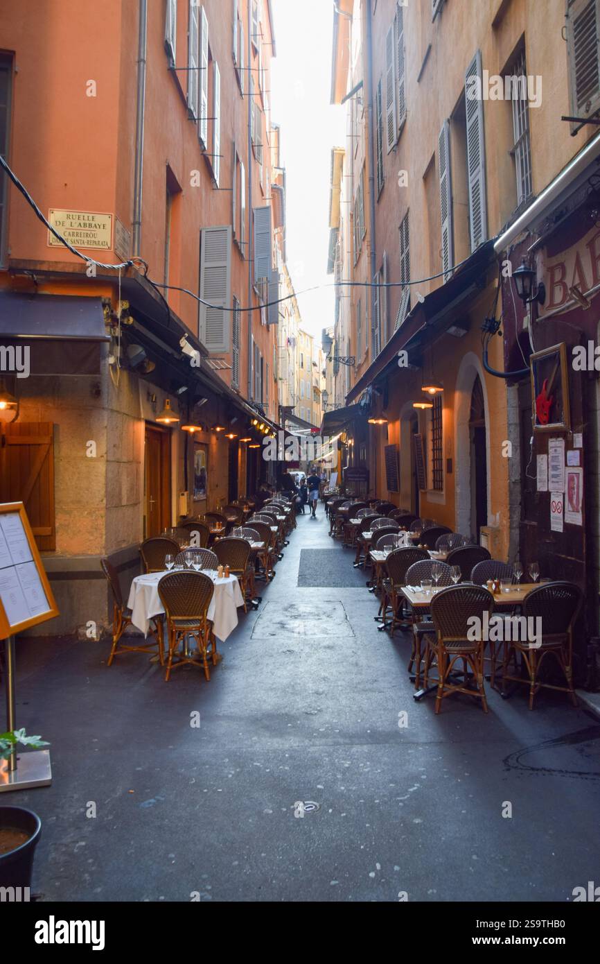 Nice, France, 2019. A street lined with restaurants and cafes in the ...