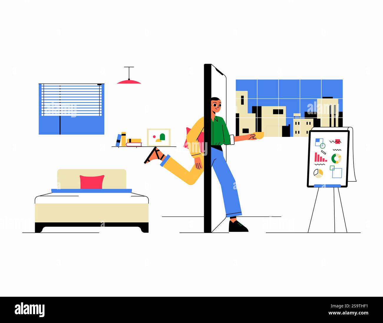 Remote Work And Urban Life Balance Depicted In A Flat Vector Illustration Symbolizing ...