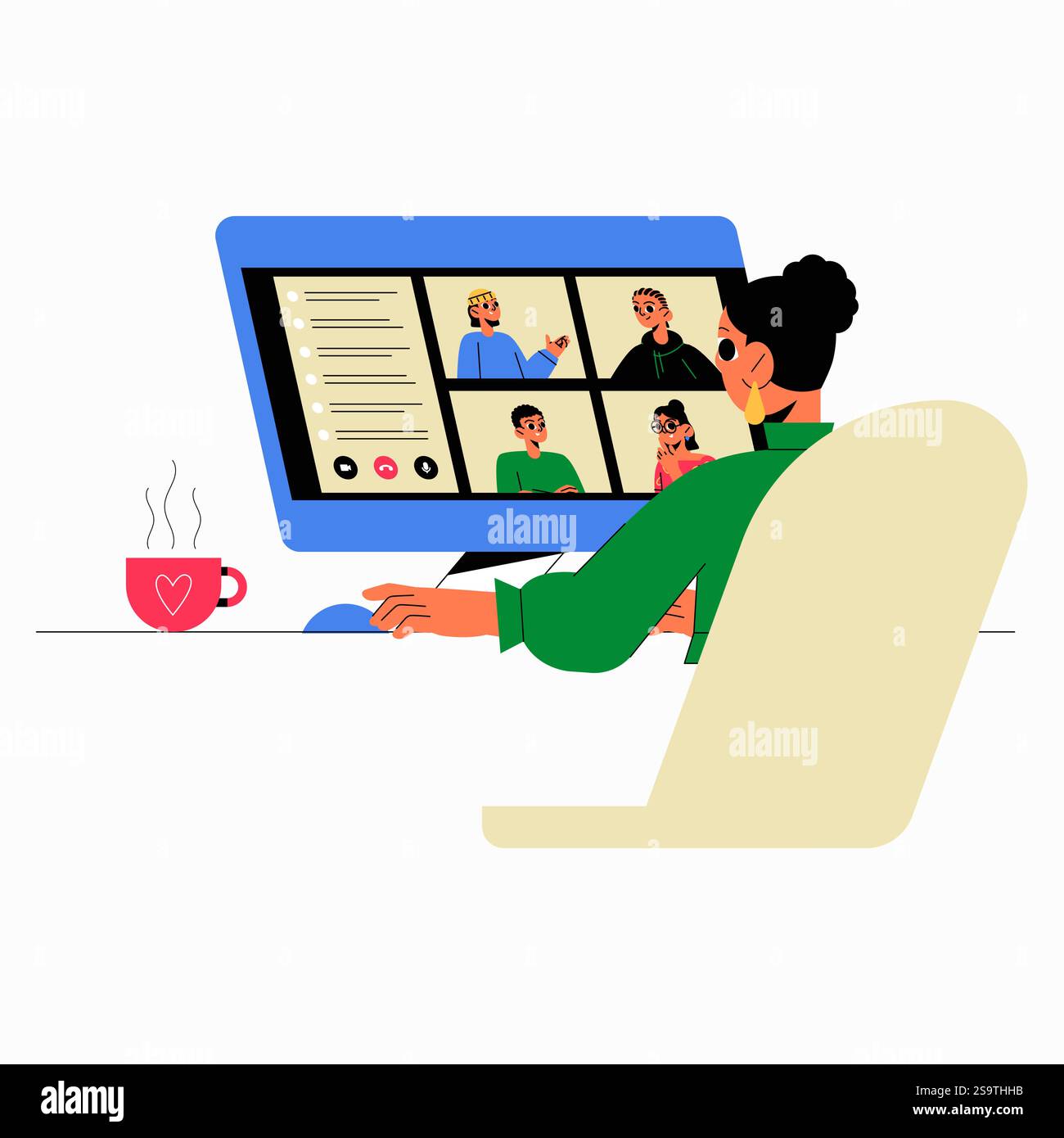 Woman Participating In Online Meeting On Desktop In Flat Vector ...