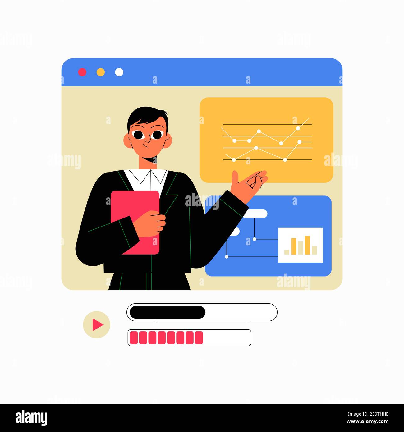 Male Business Analyst Presenting Data Charts In Flat Vector Illustration Symbolizing Analytics