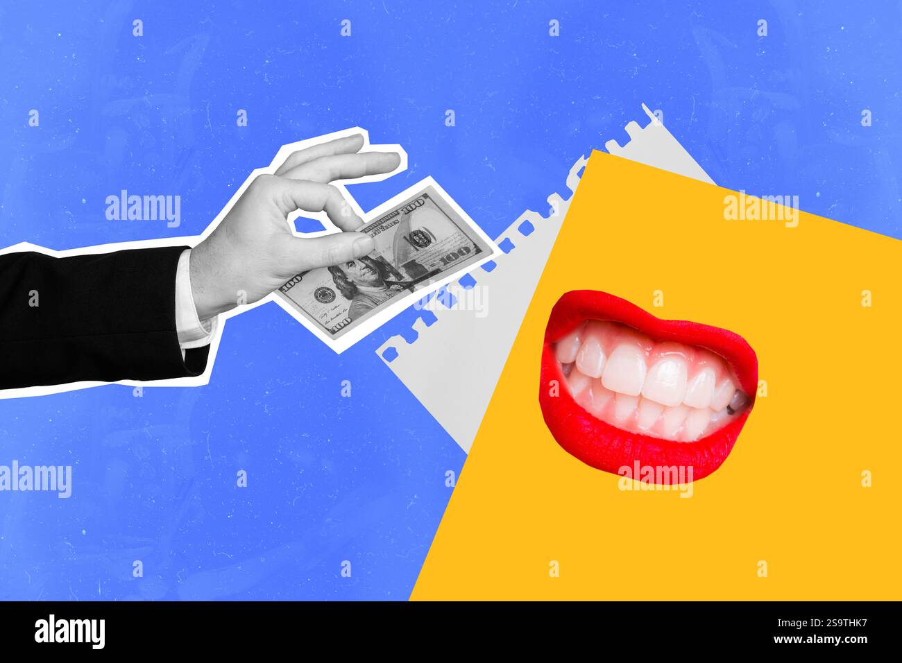 Exclusive art banner collage of hand hold dollar banknote benjamin ...