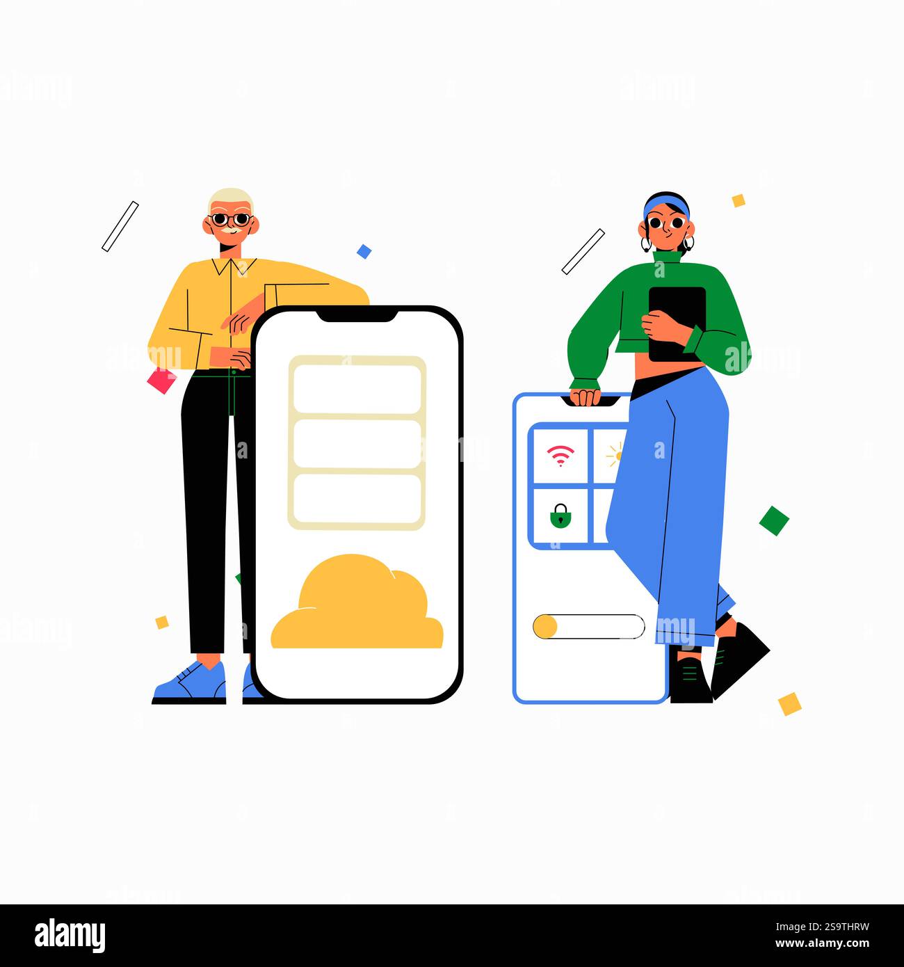 Two People Using Smartphone Interfaces Displaying Apps In Flat Vector Illustration Symbolizing ...